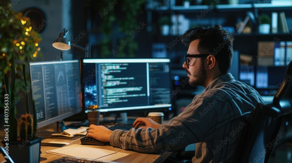 A software developer works on code late into the night, illuminated by ...