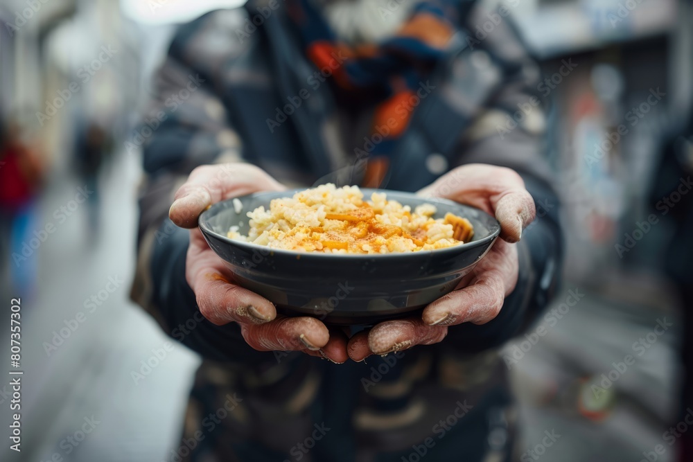Giving a meal to a homeless people, kindness, fight homelessness ...