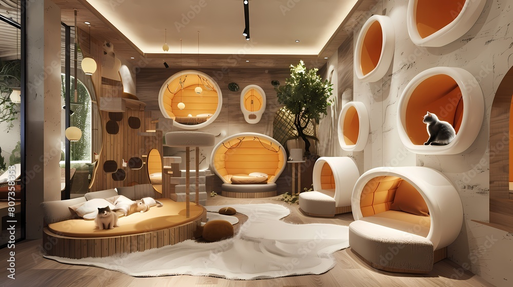 Luxury Cat Cafe Interior with Modern Pods and Climbing Structures Stock ...
