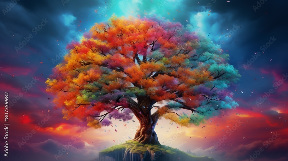 Fantasy tree, rainbow leaves dangling, surreal bright backdrop, high ...
