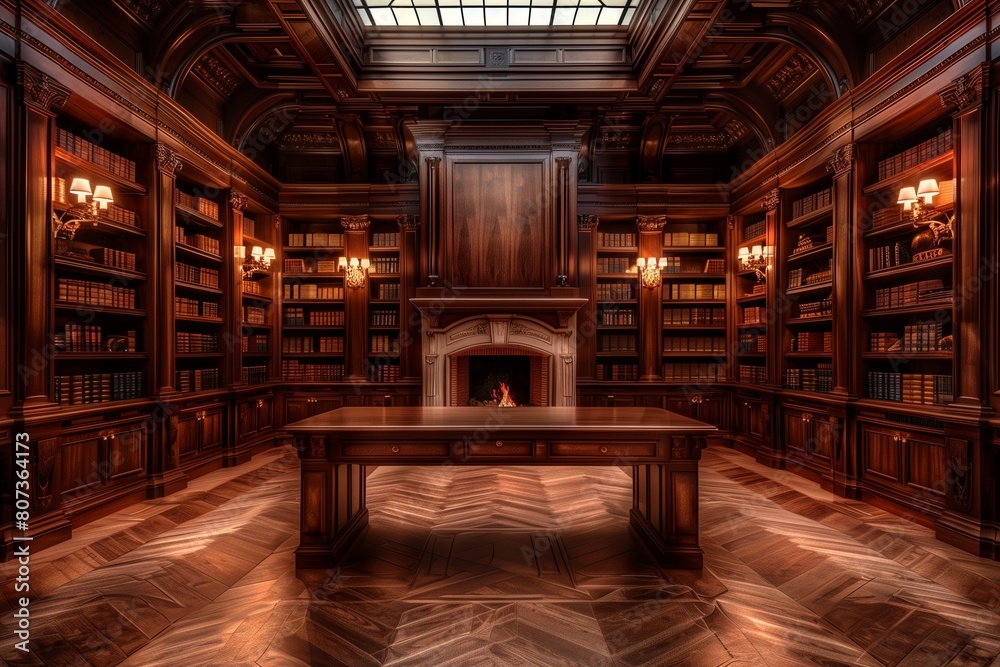 Imposing mansion library with floor-to-ceiling bookshelves, a grand ...