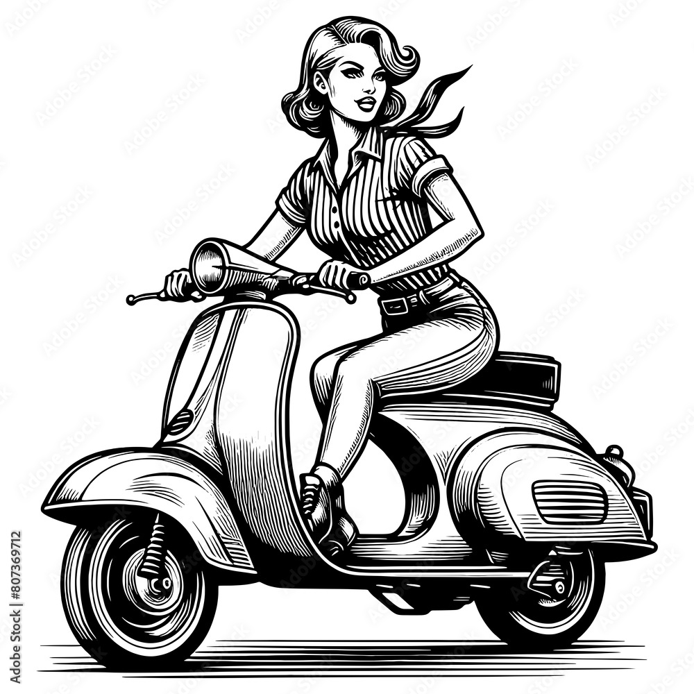 pin-up girl riding a vintage scooter, depicted in dynamic pose sketch ...