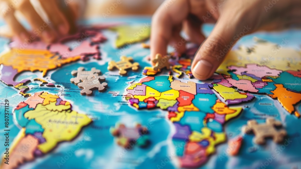 Close up of a childs hands exploring a detailed map of the world ...
