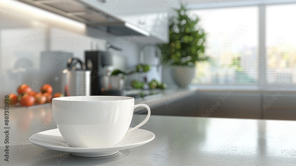 Kitchen Ambiance: The white cup and saucer set against the backdrop of ...
