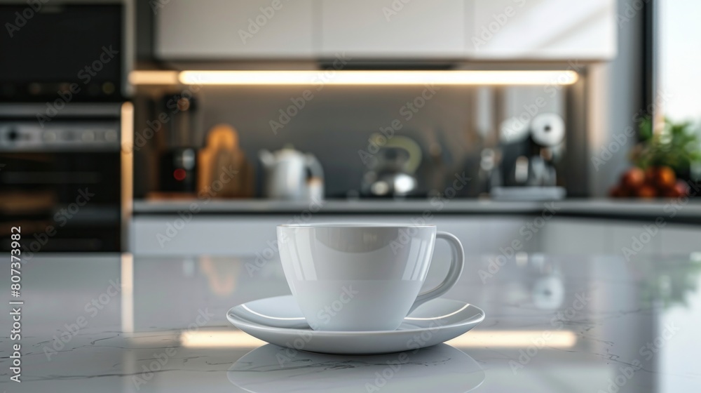 Kitchen Ambiance: The white cup and saucer set against the backdrop of ...