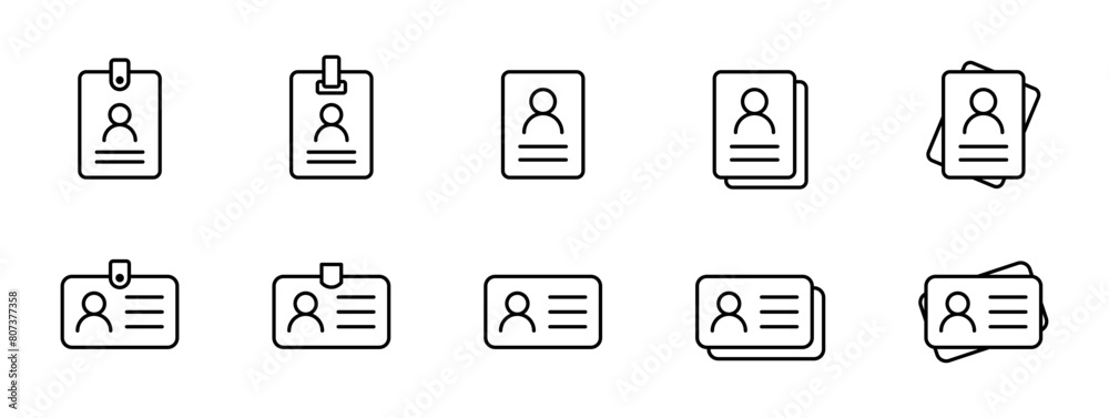 ID card badge outline icon set. Pass, passport document vector icons ...