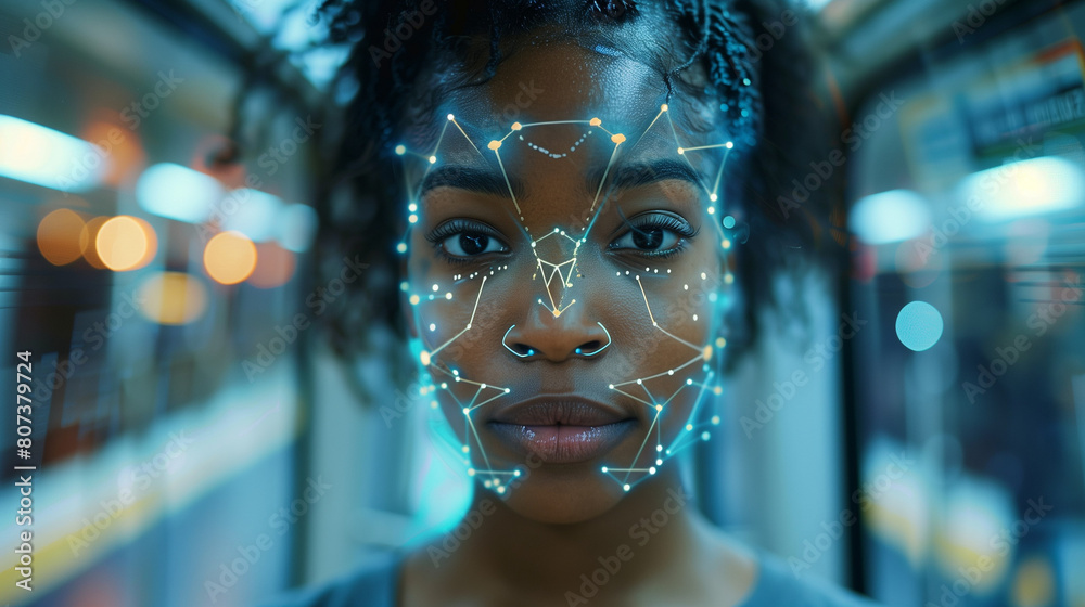 Biometric facial recognition technology in a train station. Black woman ...