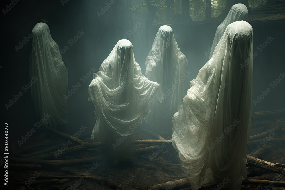 Ghostly white figures, wearing white veils and dresses. They are ...