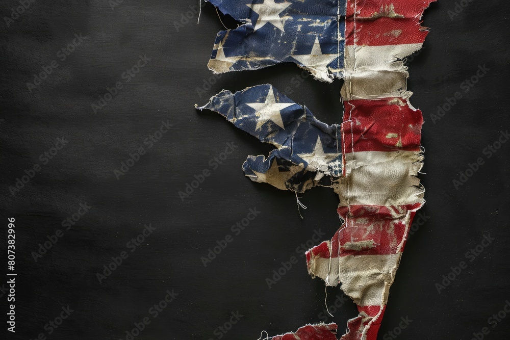 A piece of old torn and worn US flag falling apart on black background ...