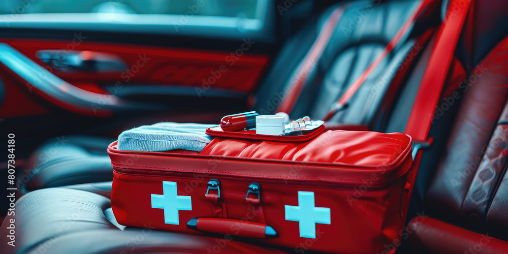 First aid kit in the trunk of the car. Plastic box with medicines in ...