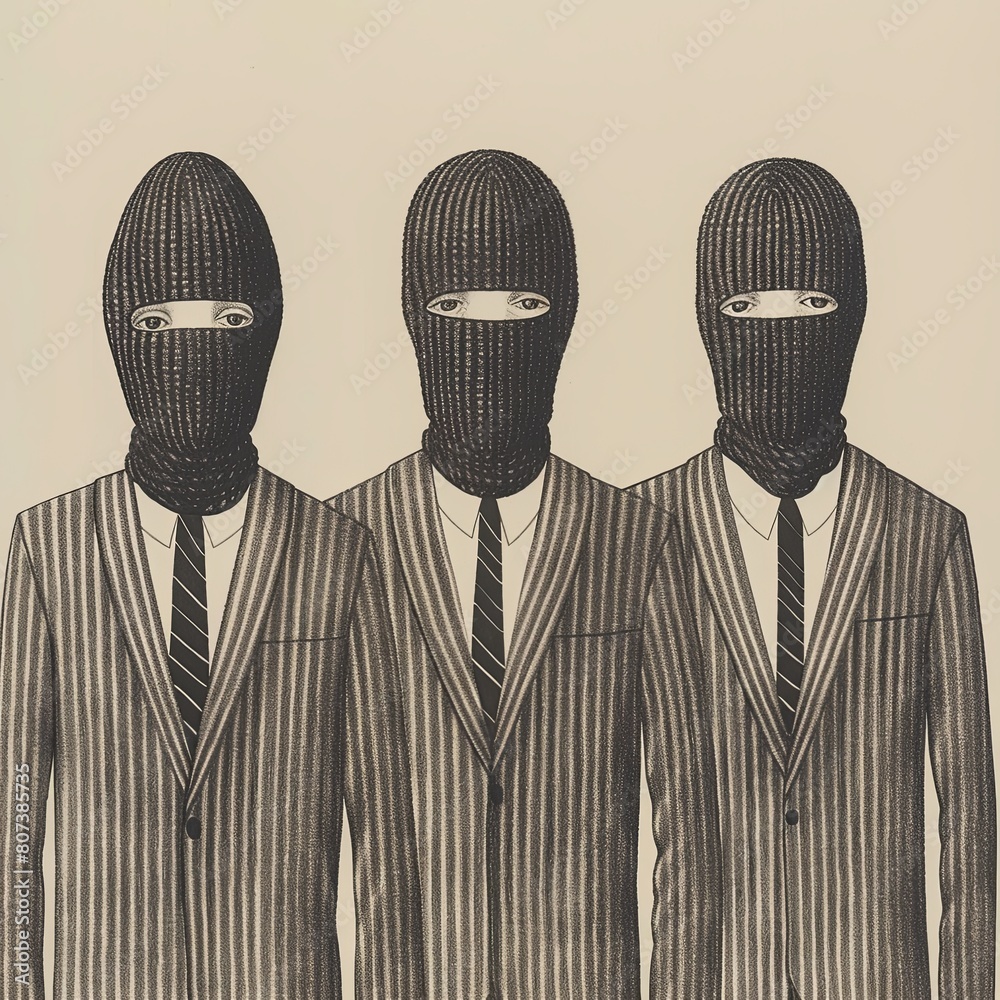 Three men hide their faces and are depicted in black and white ...