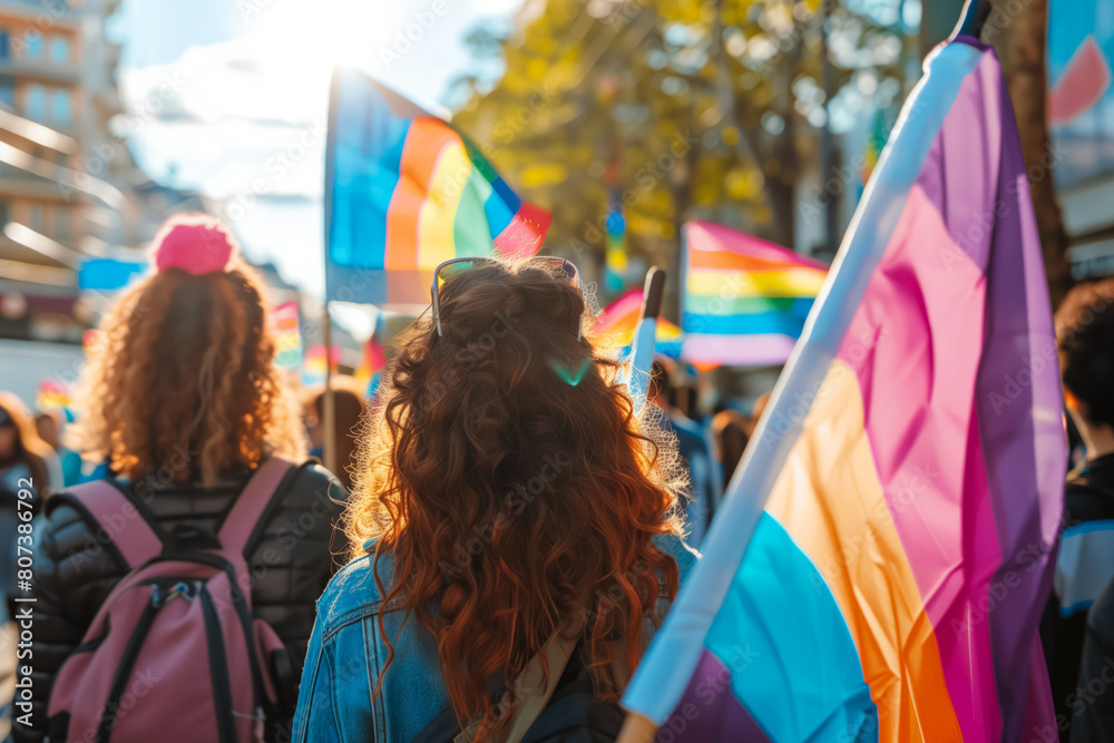 Back view Group of people raising rainbow flags, posters for LGBT ...