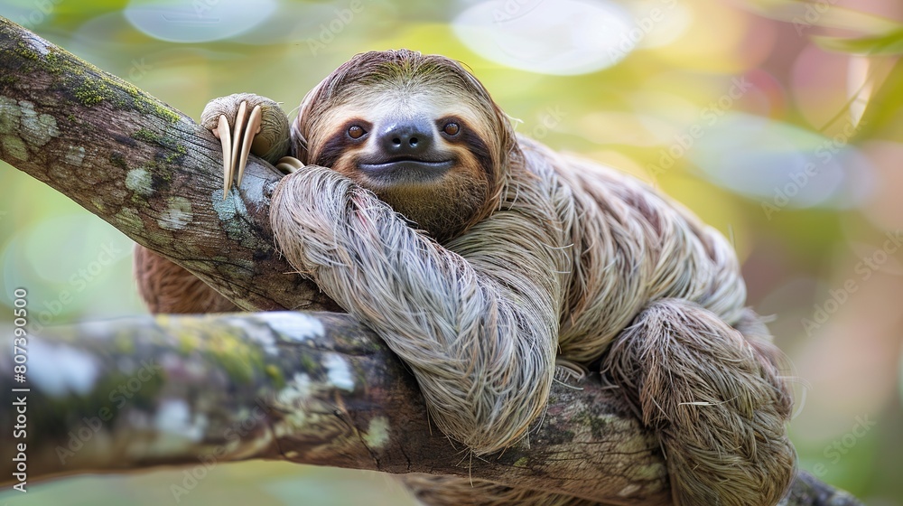 Cute sloth hanging on tree branch with funny face look, perfect ...