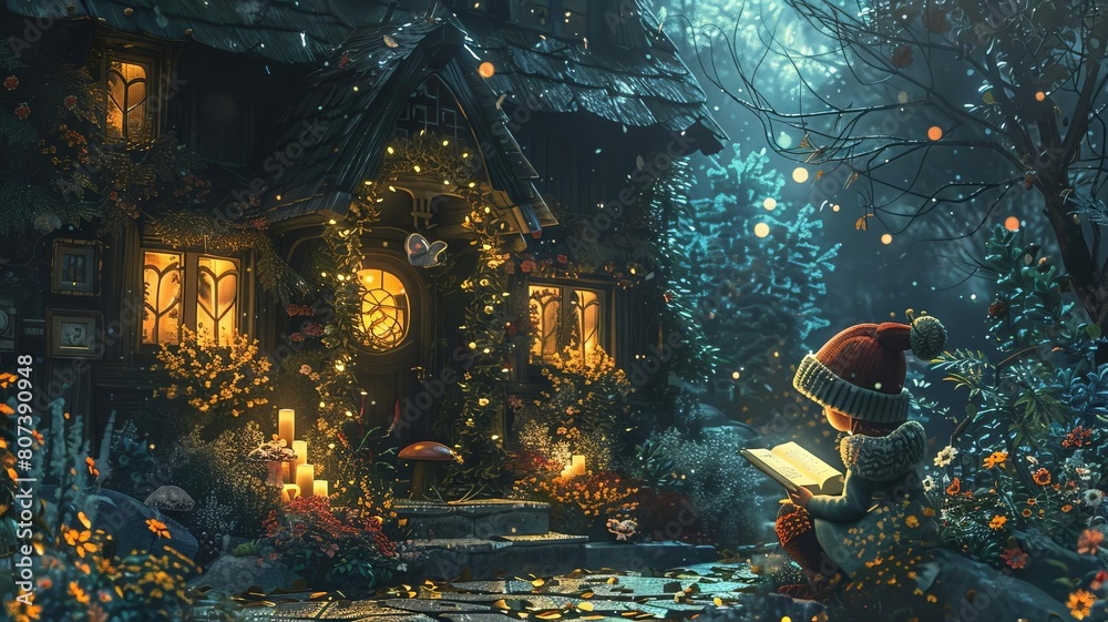 A cozy night scene depicting a child reading a fairy tale book by ...