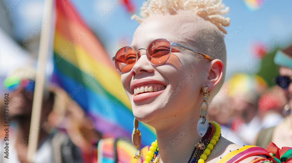 Happy black albino woman celebrating pride parade on sunny summer day ...