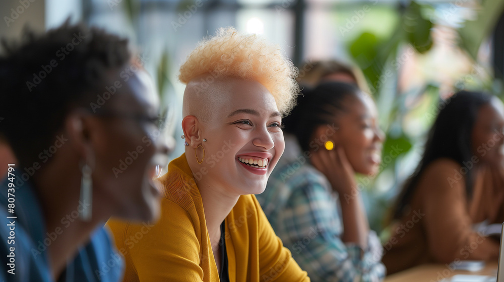 Black albino woman with shaved head laughing with diverse team of ...
