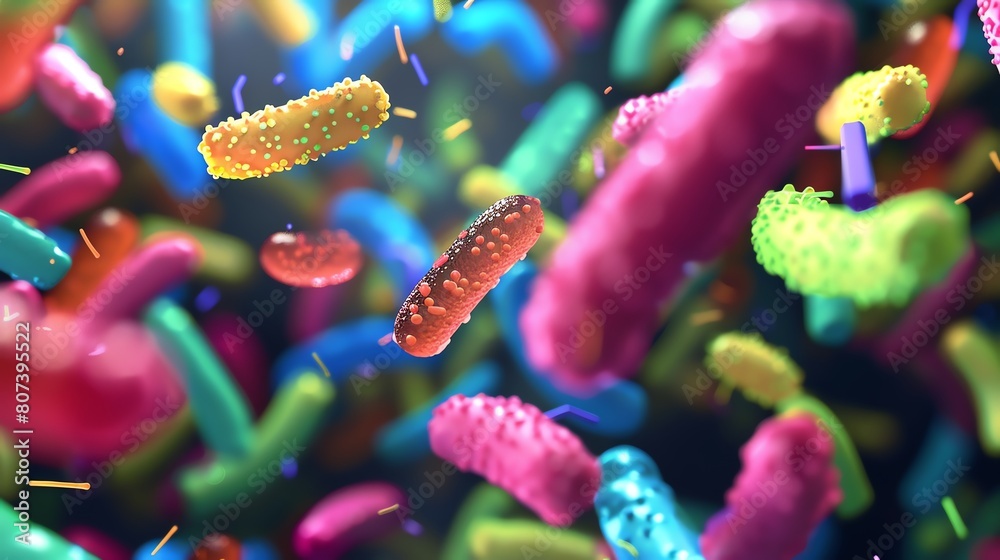 Render a photorealistic image of a group of bacteria. The bacteria ...