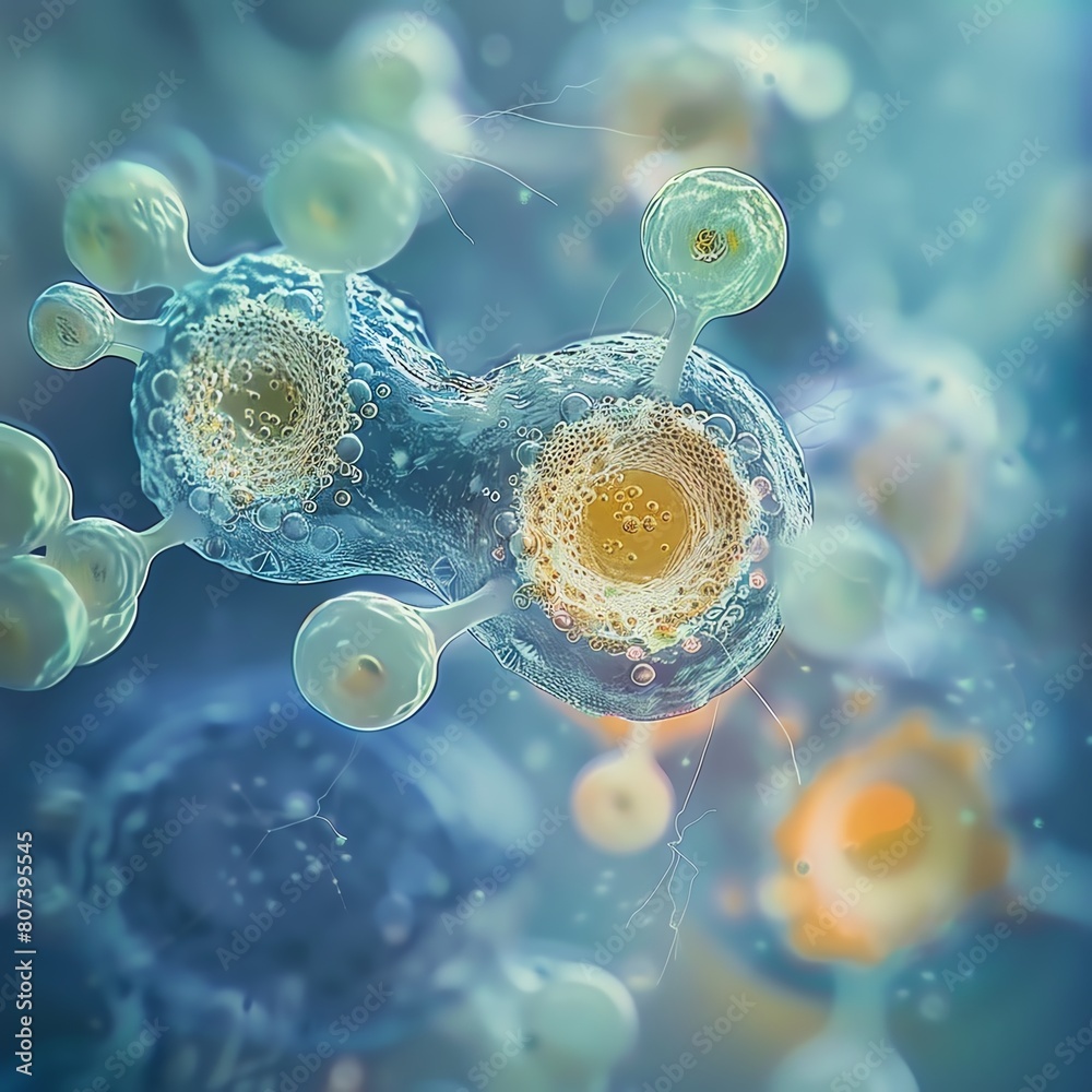 The image shows a 3D rendering of a biological cell. The cell is ...