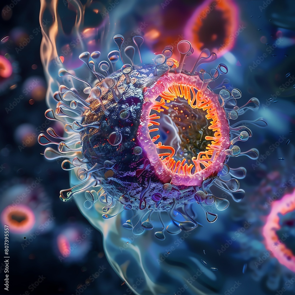 An illustration of a virus. The virus is depicted as a blue and purple ...