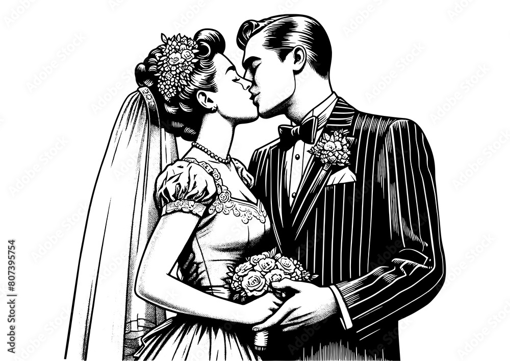 newlyweds couple kiss, romance of bygone era sketch engraving ...