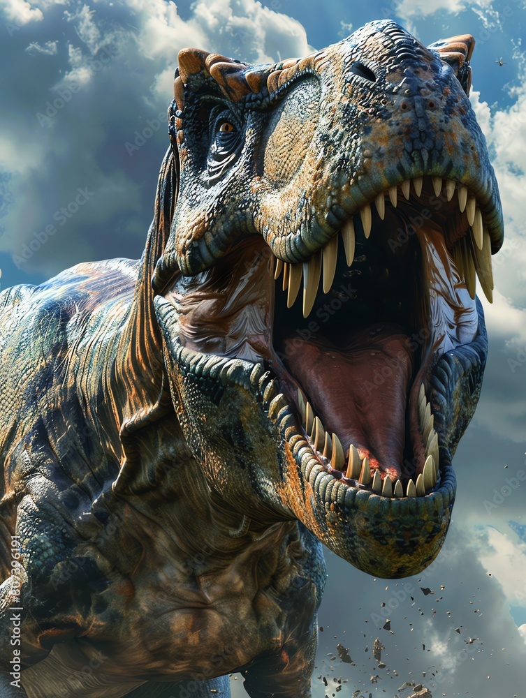 A terrifying T-Rex roars at the sky, its massive jaws open wide, and its teeth bared Stock ...