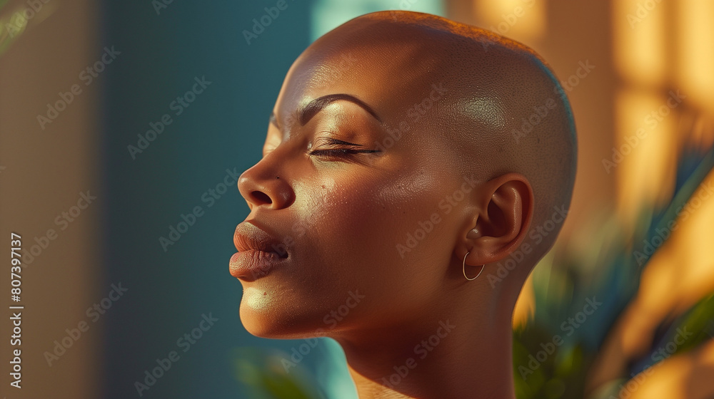 Bald black woman with shaved head meditating at golden hour. Candid ...