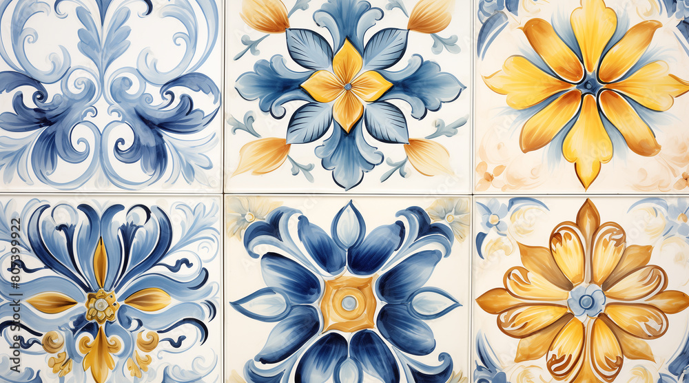Artistic pattern on tiles made using the majolica technique drawn by ...