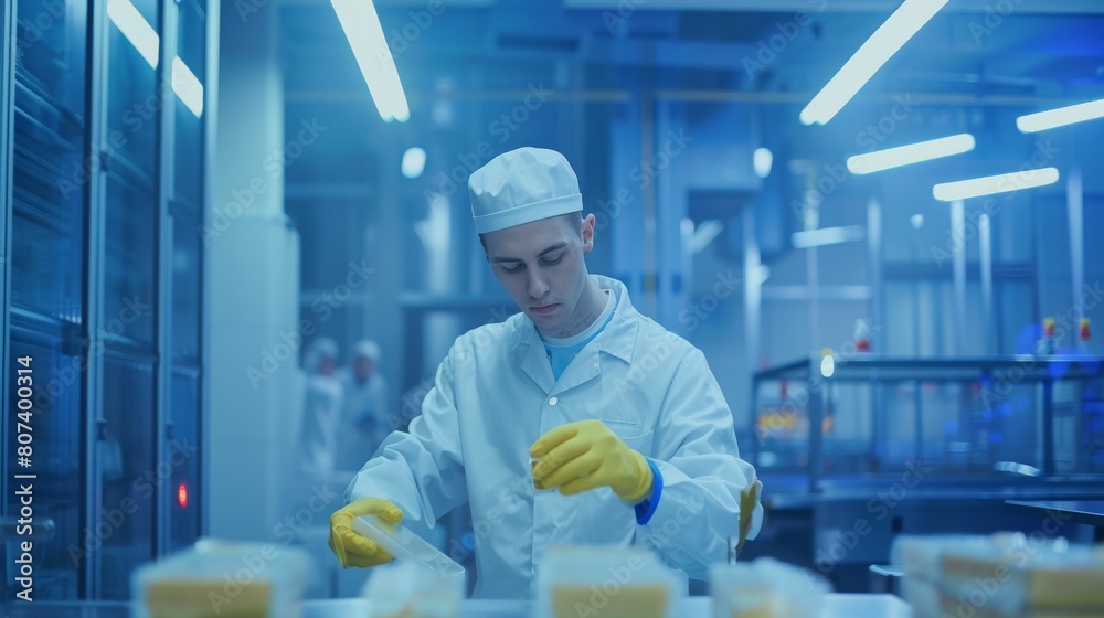 Cheese production worker in a sterile environment carefully handling ...