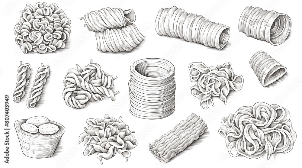 drawing in sketch style. vintage set of types of pasta. italian food ...