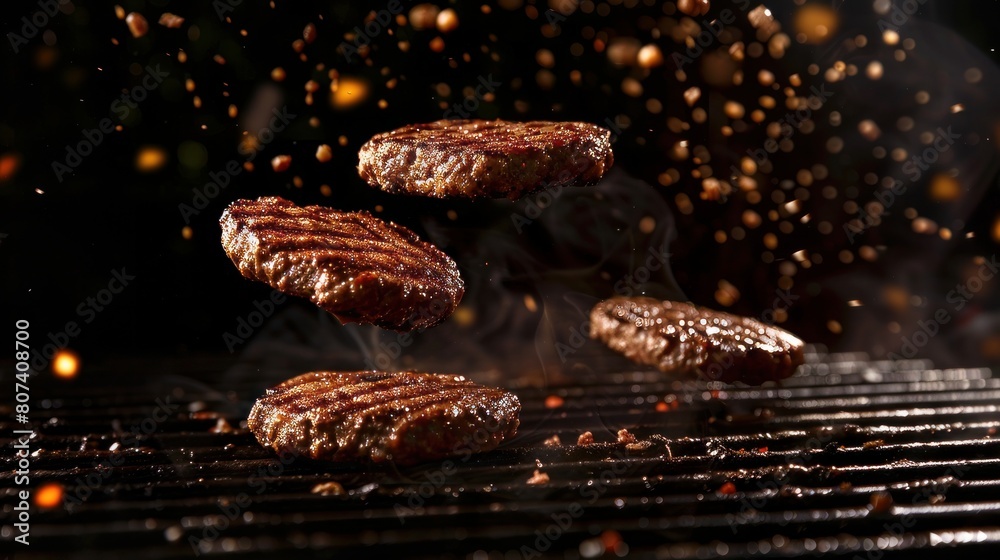 Flying pieces of beef meat pieces on hamburger from grill grid ...