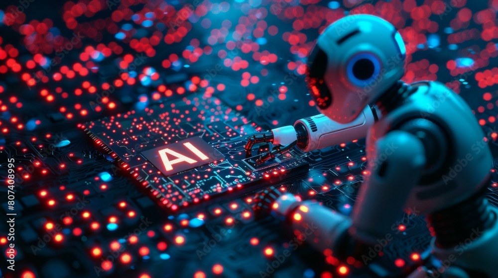 Vibrant robot interacting with advanced AI circuit board in glowing red ...