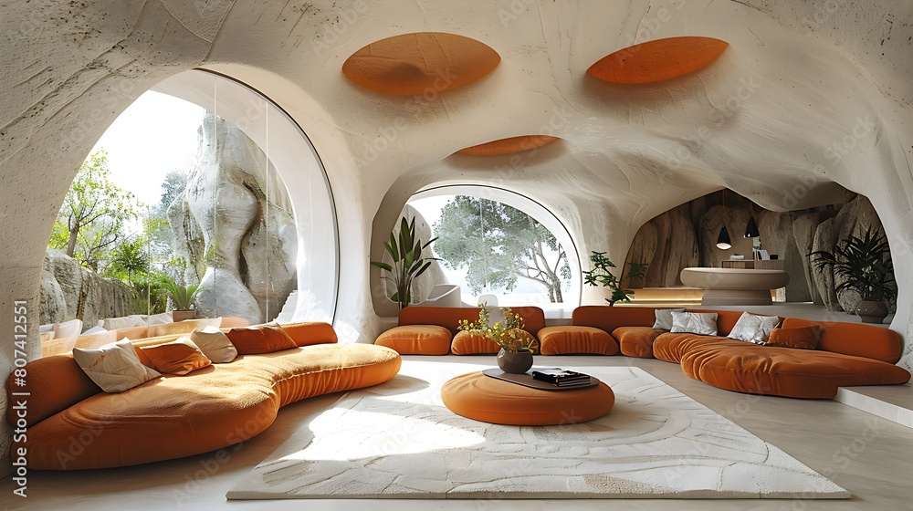 A cave-like interior with high ceilings and plush sofas, with rounded ...