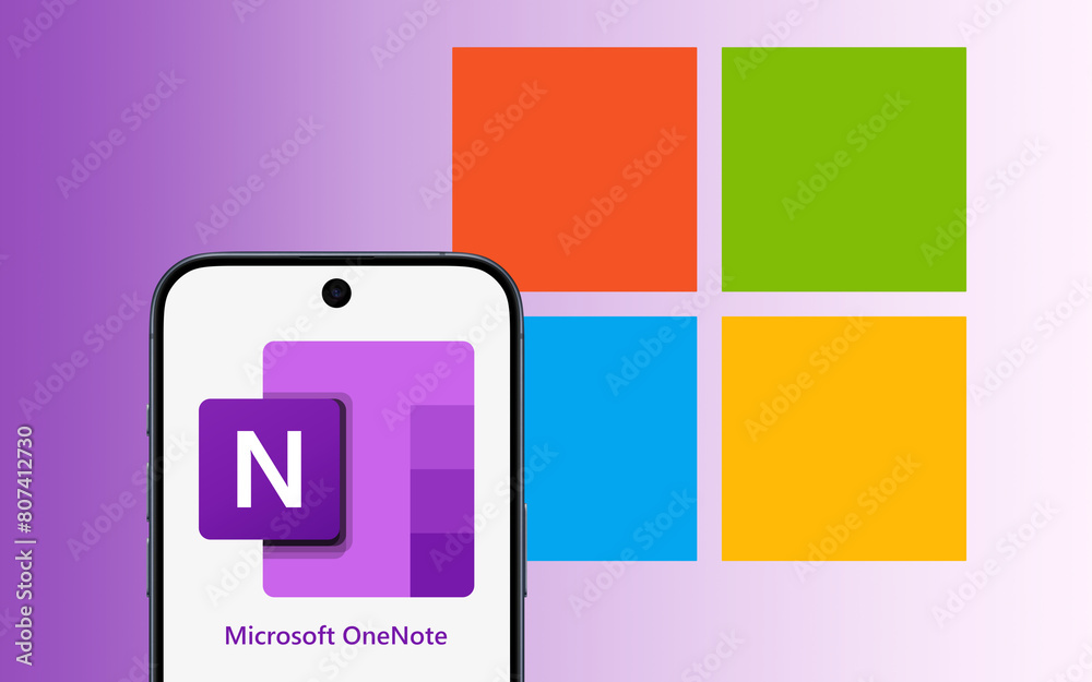 OneNote logo displayed on a modern smartphone standing on a desk, big ...
