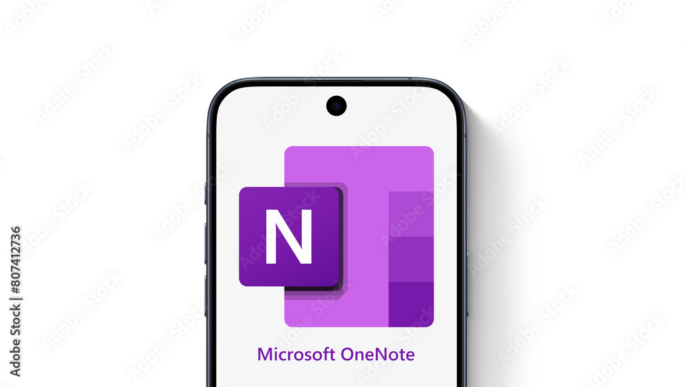 OneNote logo displayed on a modern smartphone, white background, note ...