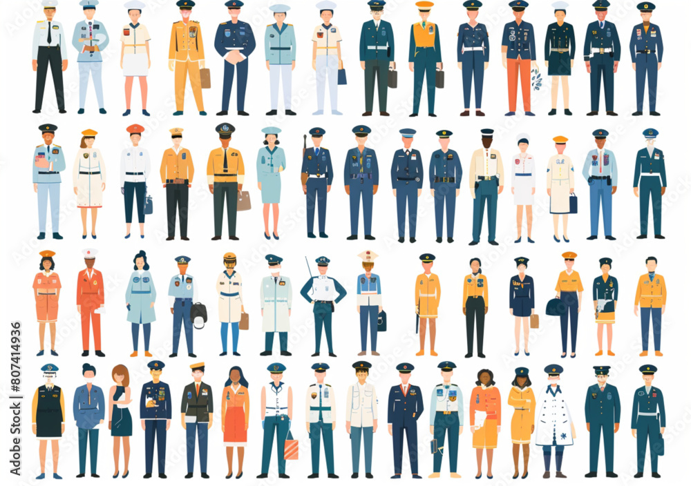 A big set of people in professional uniforms of various colors and ...
