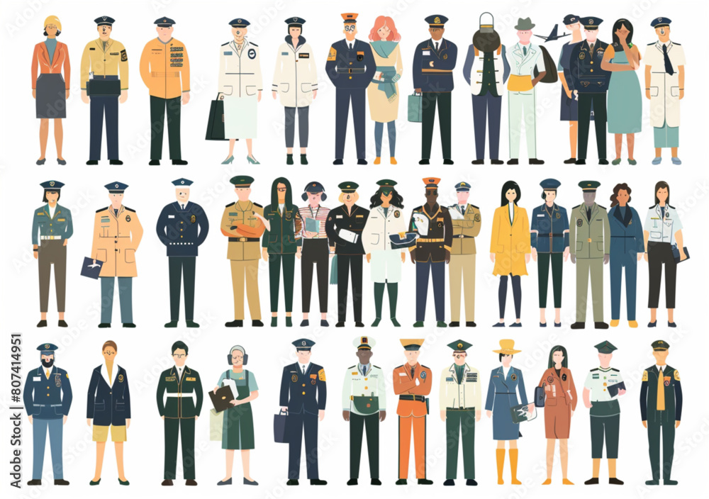 A big set of people in professional uniforms of various colors and ...