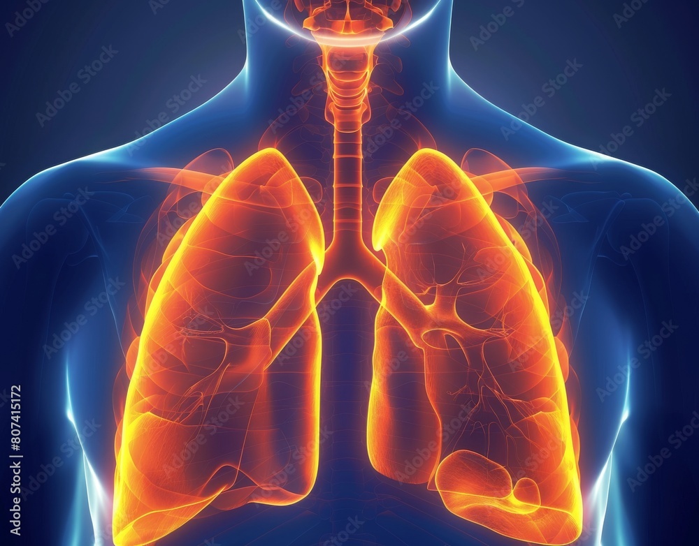3D human lungs on the chest, healthy breath and air flowing through it ...