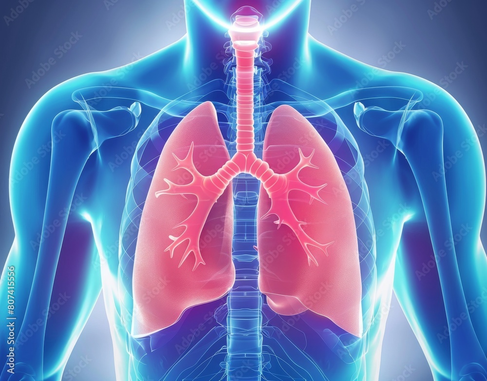 3D human lungs on the chest, healthy breath and air flowing through it ...