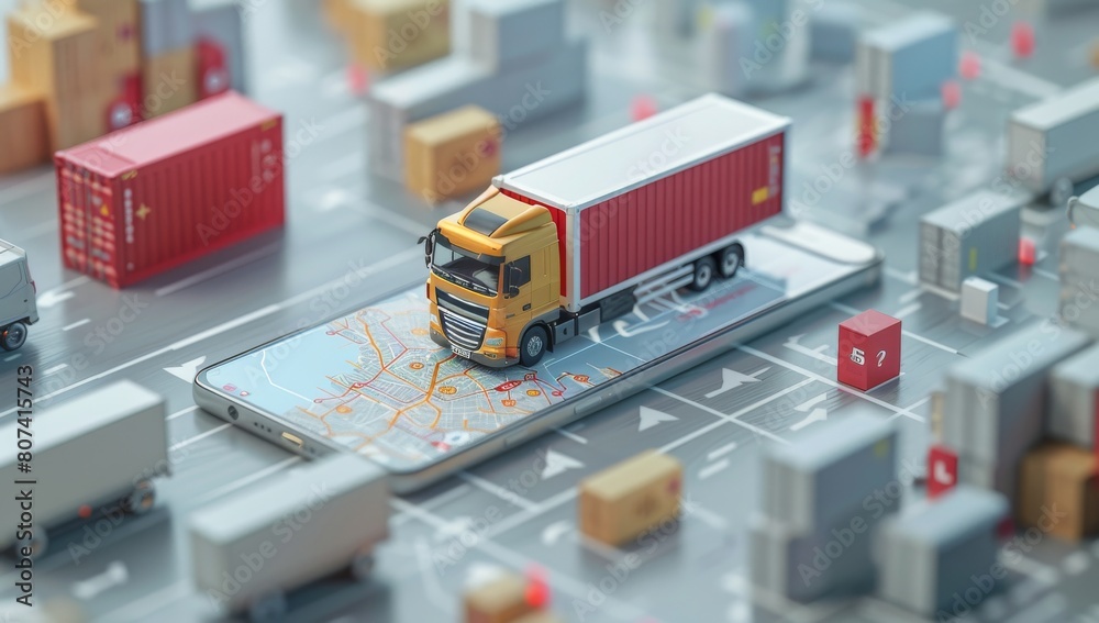 3D illustration of A truck on the map, surrounded by containers and ...