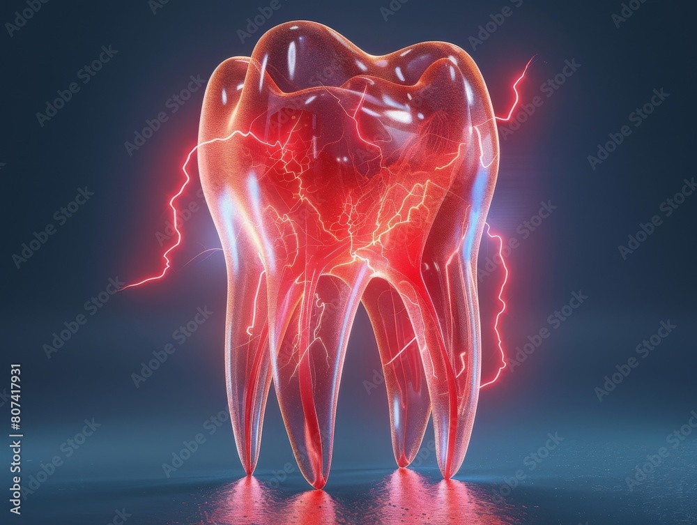 3D illustration of pain in the jaw, toothache with lightning on dark ...