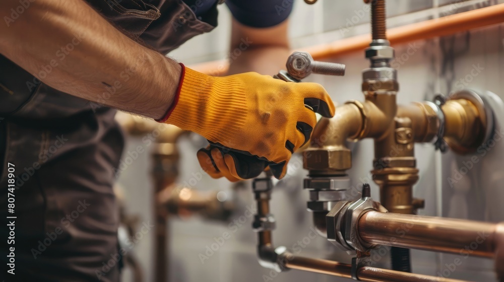 Man, plumber and check faucet pipes for building maintenance ...