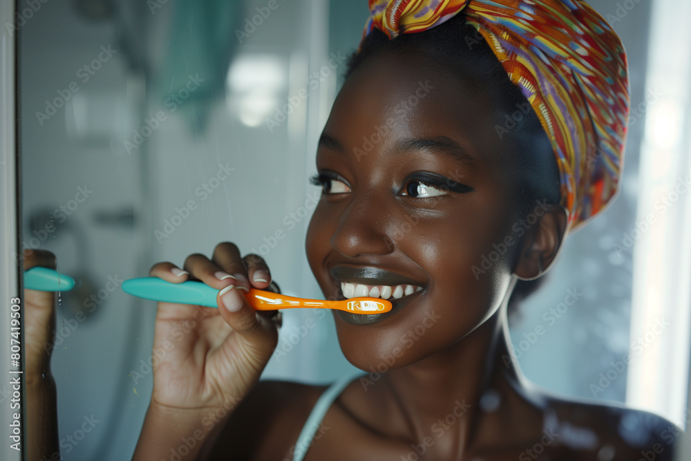 Foto de Jamaican woman smiling, takes care of her morning oral hygiene ...