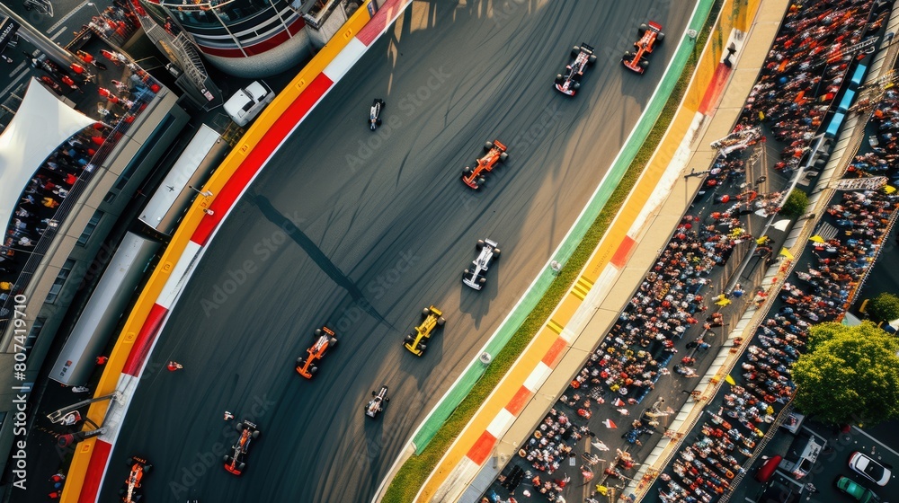 Aerial view of racing car driving car at race track surrounded with ...