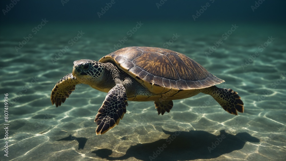 An endangered sea turtle battles the waves, its shell reflecting the ...