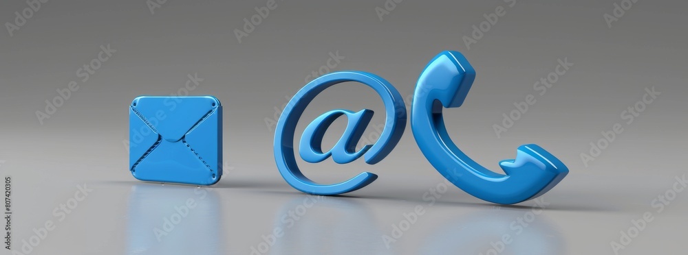 3D render of blue contact icons such as an "at" symbol, envelope and ...