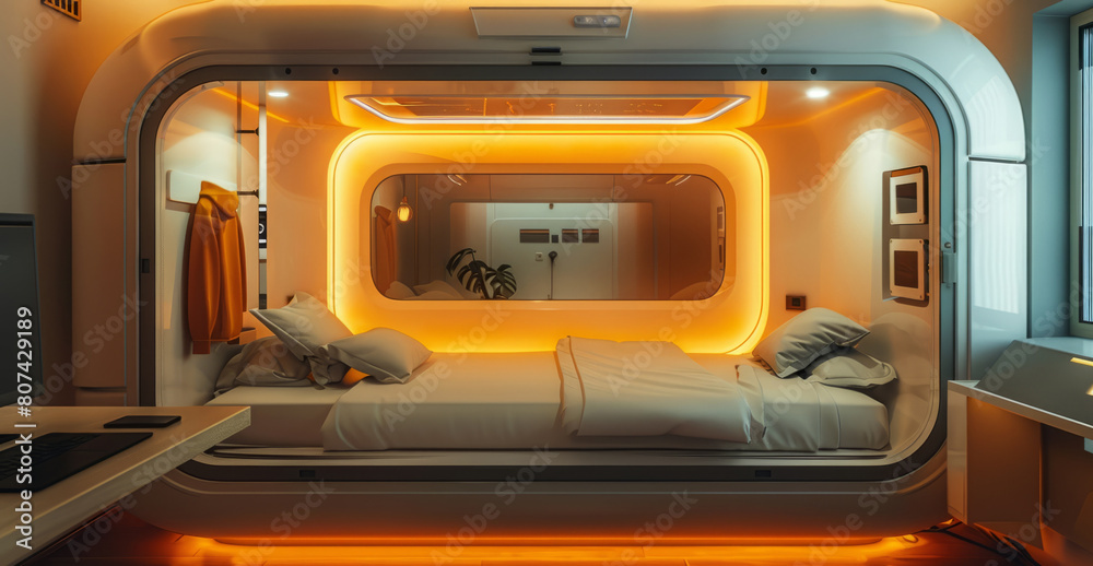 futuristic capsule hotel pods feature smart technology, a small desk ...