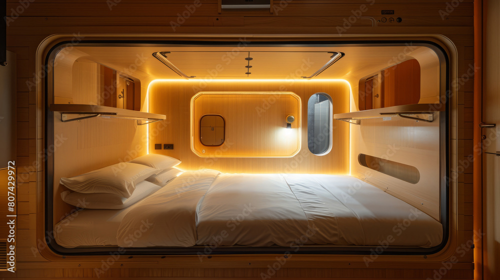 capsule hotel design, warm and cozy ambiance in a capsule hotel room ...