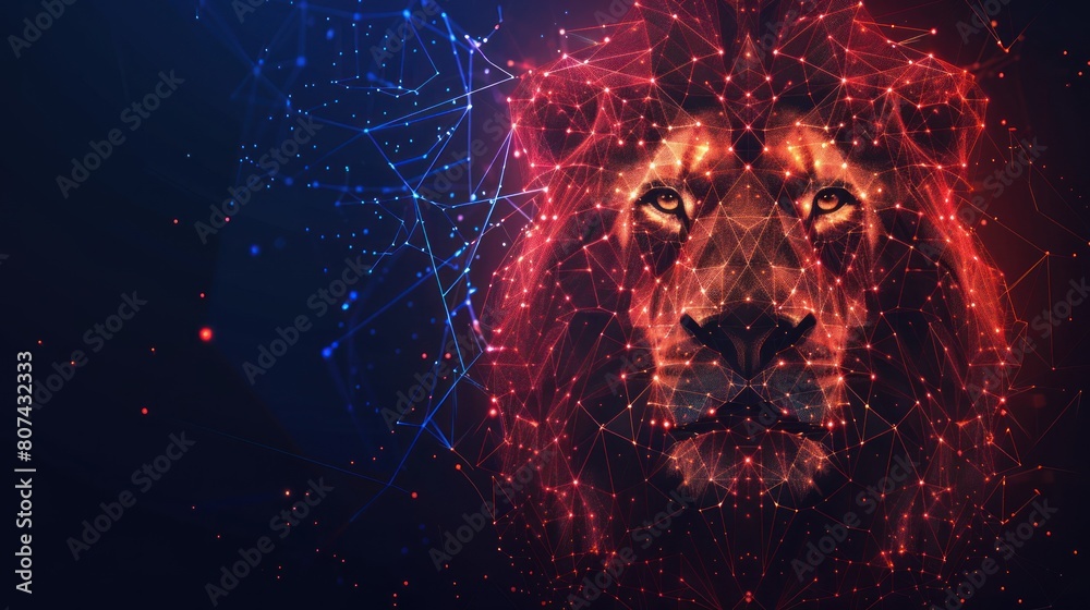 Abstract digital lion in polygons, lines and connected dots. King of ...