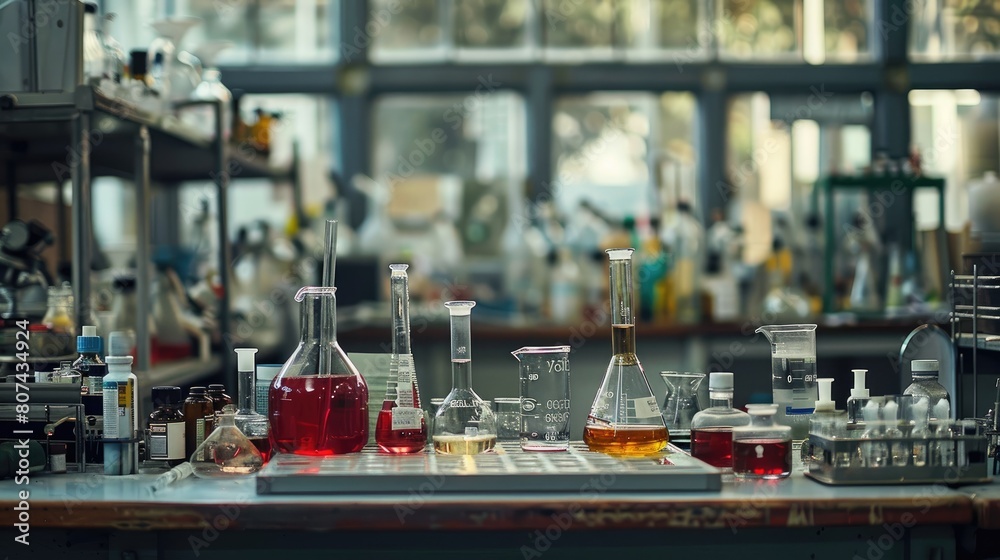A lab table with many different colored liquids in beakers and test ...