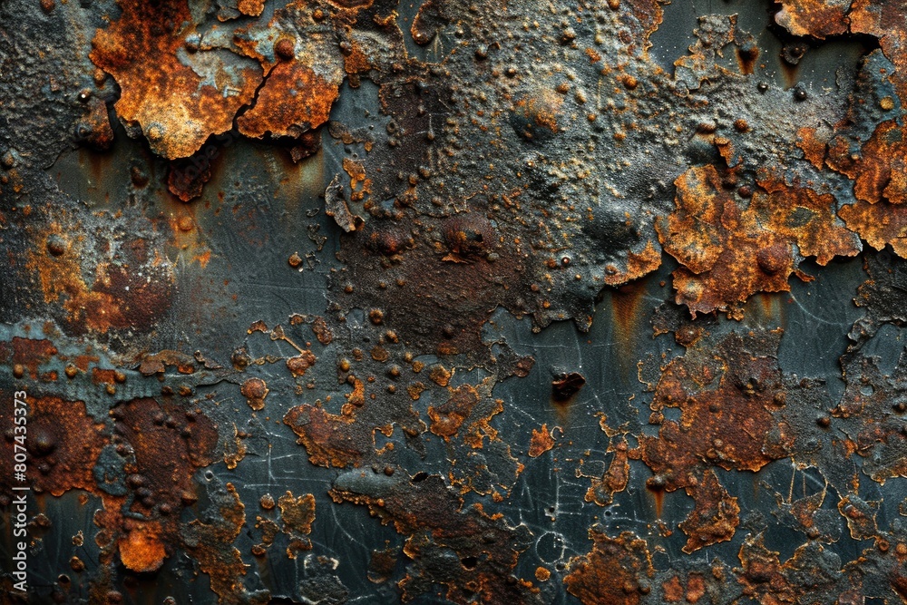 A rusted metal surface with many holes and bumps. The surface is old ...